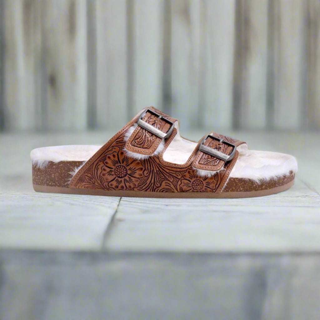 Myra Hand Tooled Leather Sandals - The Fur Lined Prairie Winds – Turnmeyers
