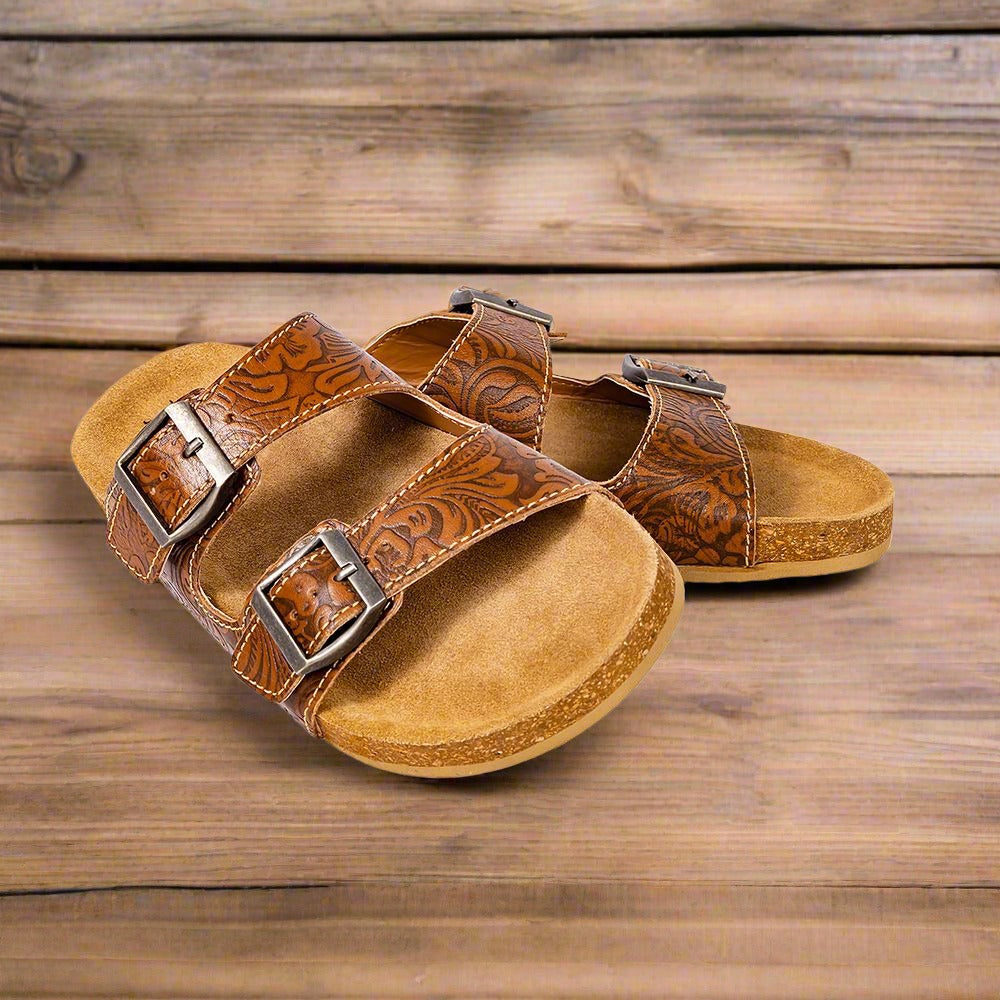 Myra Bag Maggie Hand-Tooled Leather Sandals – Caramel Elegance with Du ...